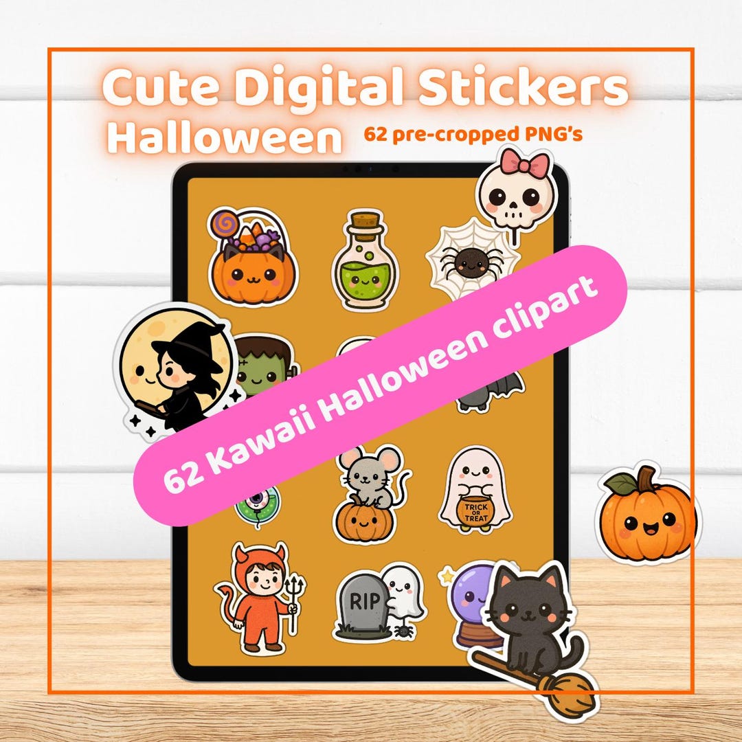 Halloween Digital Stickers | Cute Kawaii Clipart Bundle | PNG + Sticker ...
