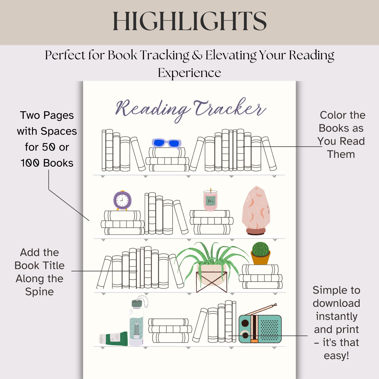 Reading Tracker Printable - Bookshelf Reward Chart 50 & 100 Book Stack ...
