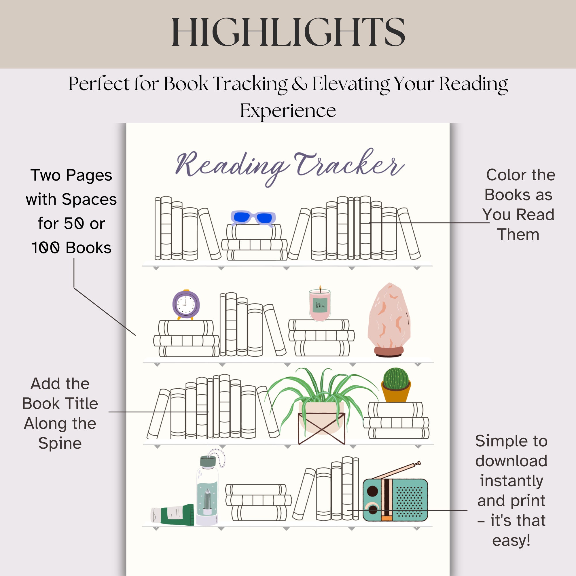 Reading Tracker Printable - Bookshelf Reward Chart 50 & 100 Book Stack ...