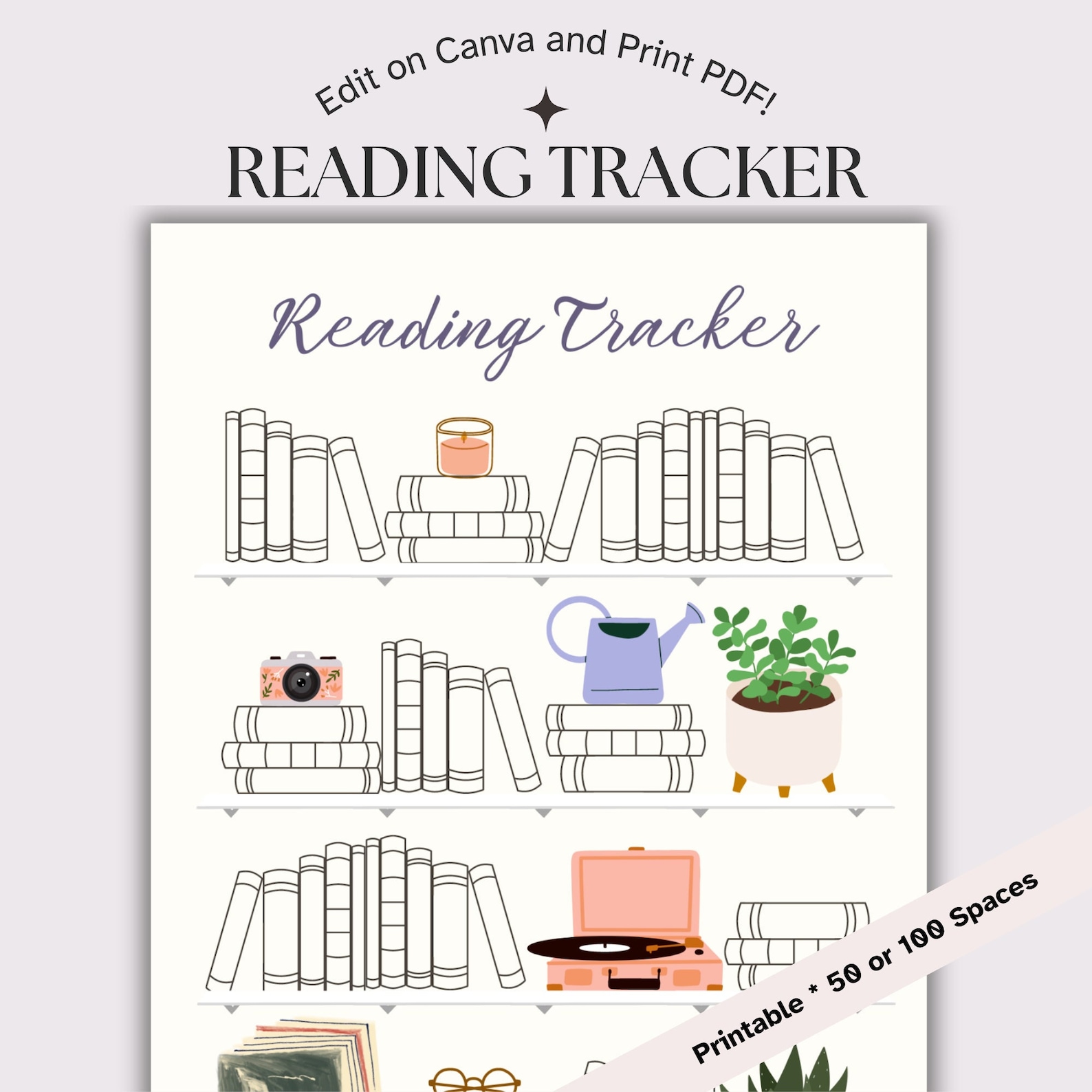Reading Tracker Printable - Bookshelf Reward Chart 50 & 100 Book Stack ...