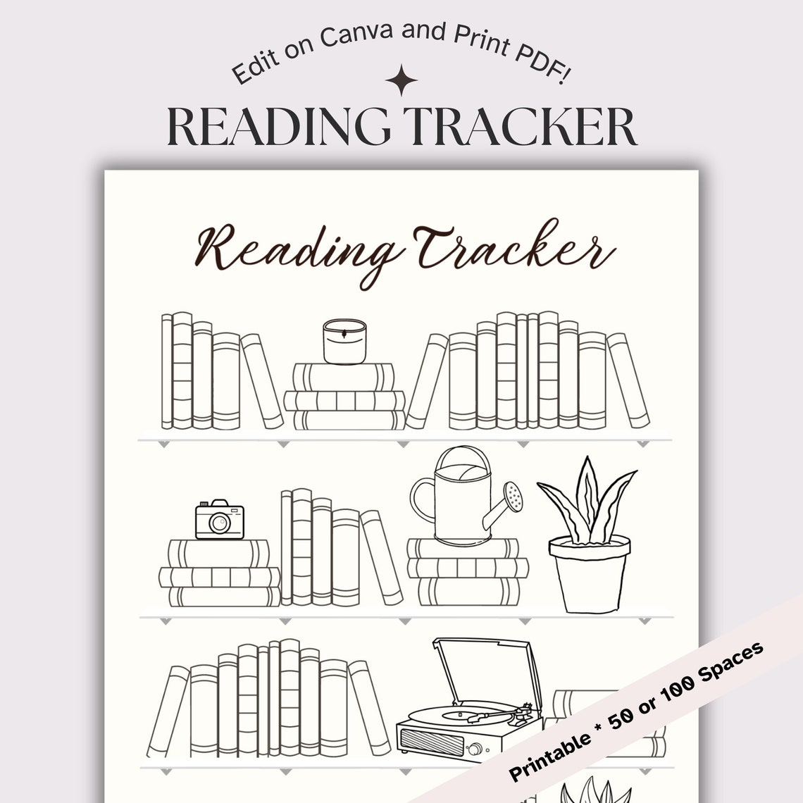 Reading Tracker Printable Reading Planner 50 & 100 Book Stack Bookshelf ...