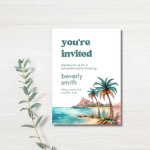 Tropical Beach Retirement Party Invitation Template - Watercolor Ocean ...