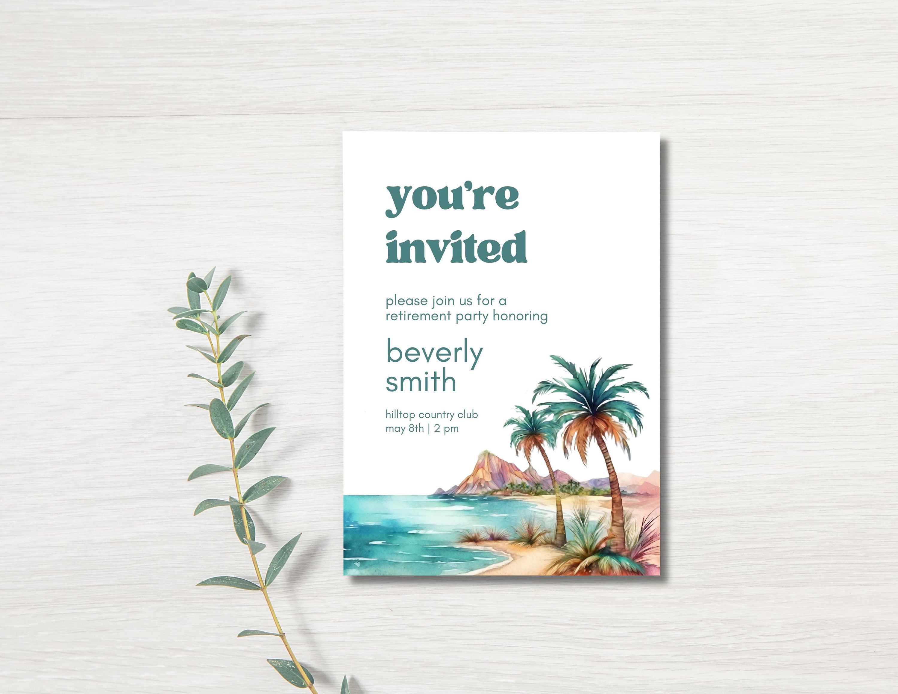 Tropical Beach Retirement Party Invitation Template - Watercolor Ocean ...