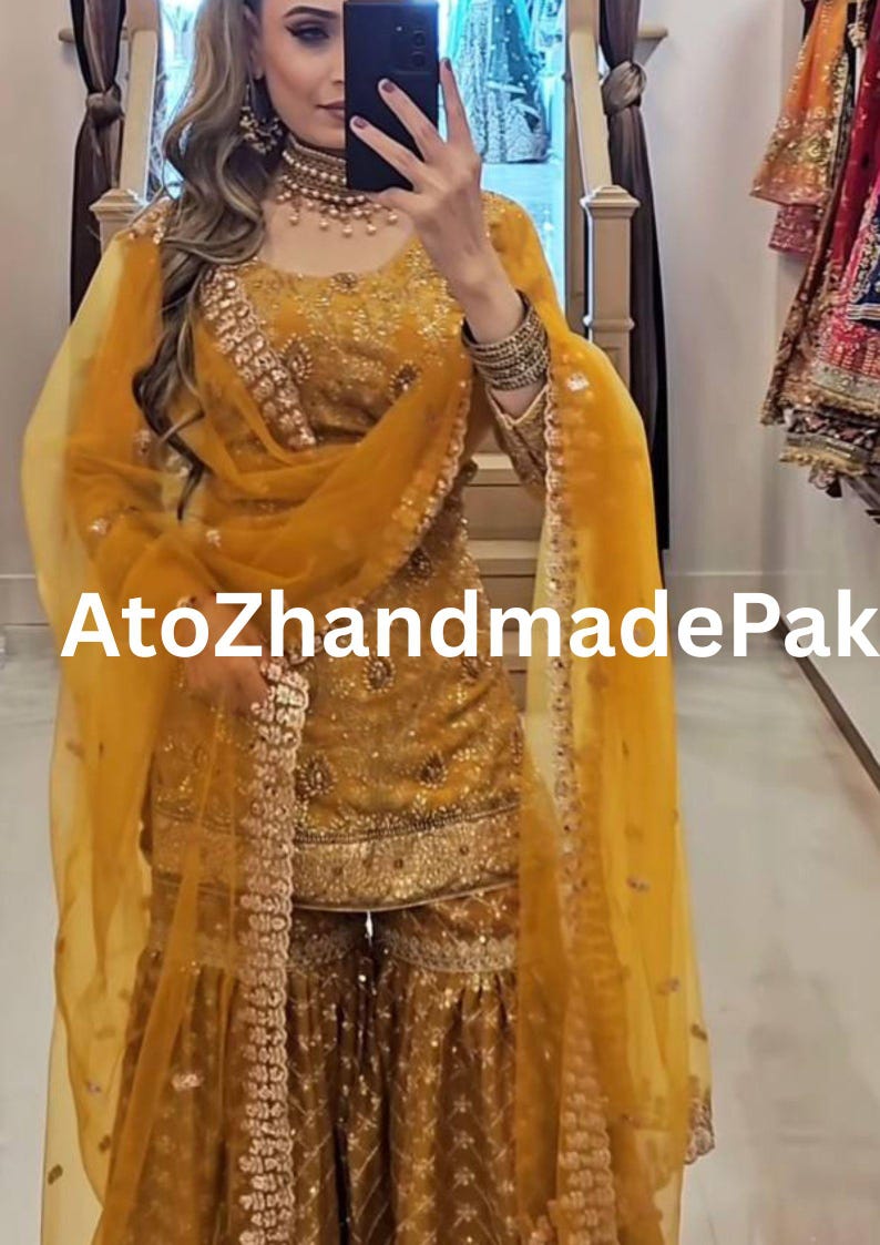 Yellow Sharara Suit Heavy Chinnon Silk With Embroidery Work, Haldi ...