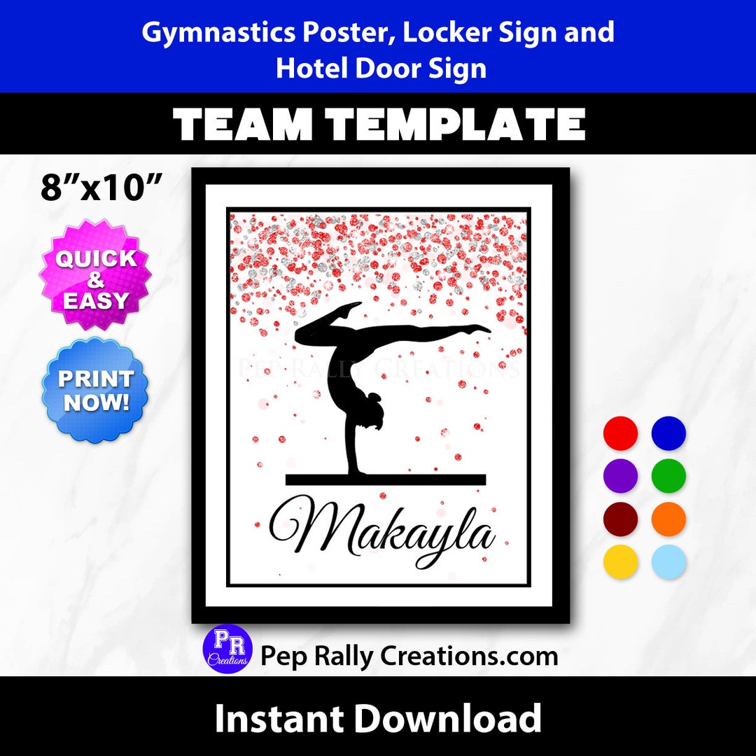 Personalized Gymnastics Poster in Glitter Style, Gymnastics Locker Sign ...