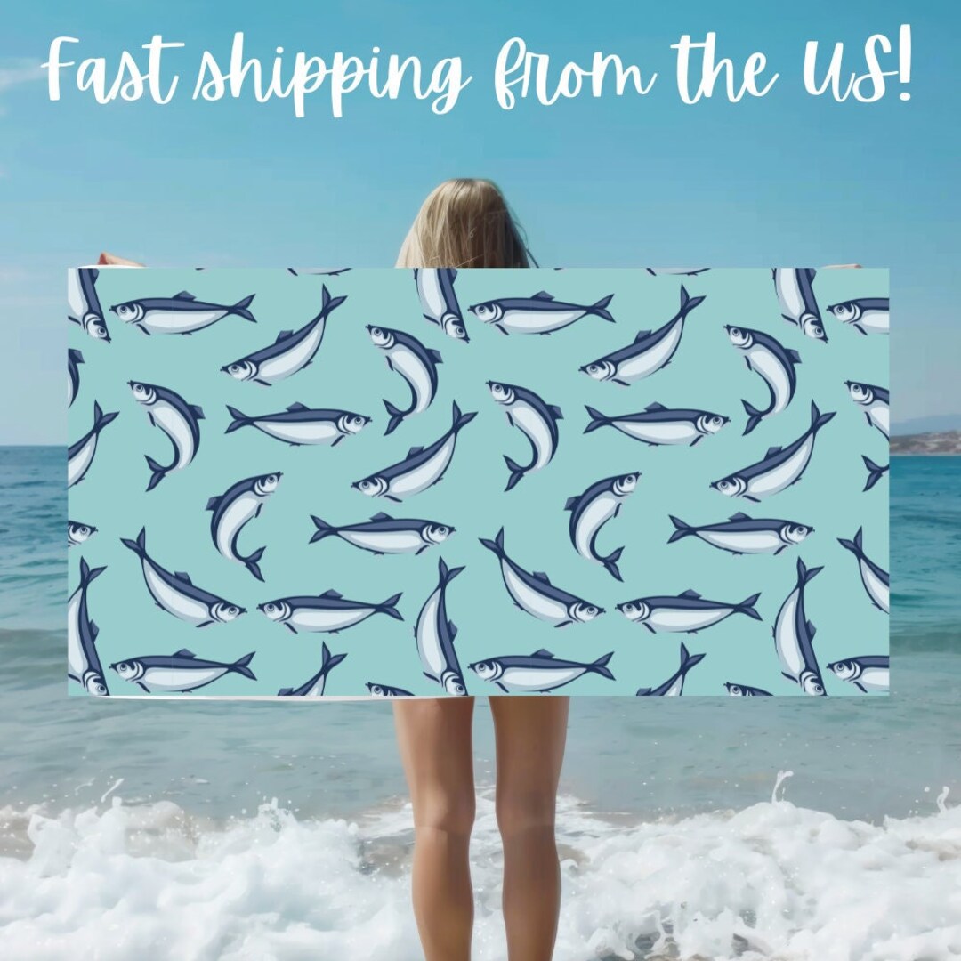 Tiny Fish Beach Towel Sardine Tin Fish Print Beach Towel Gift for ...