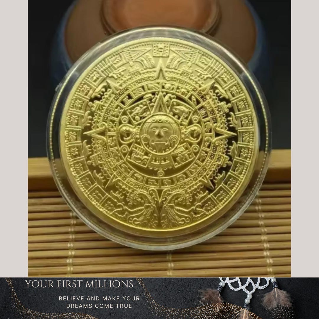 Mayan & Aztec Gold Coin – Pyramid Medallion With Dragon Calendar Design ...