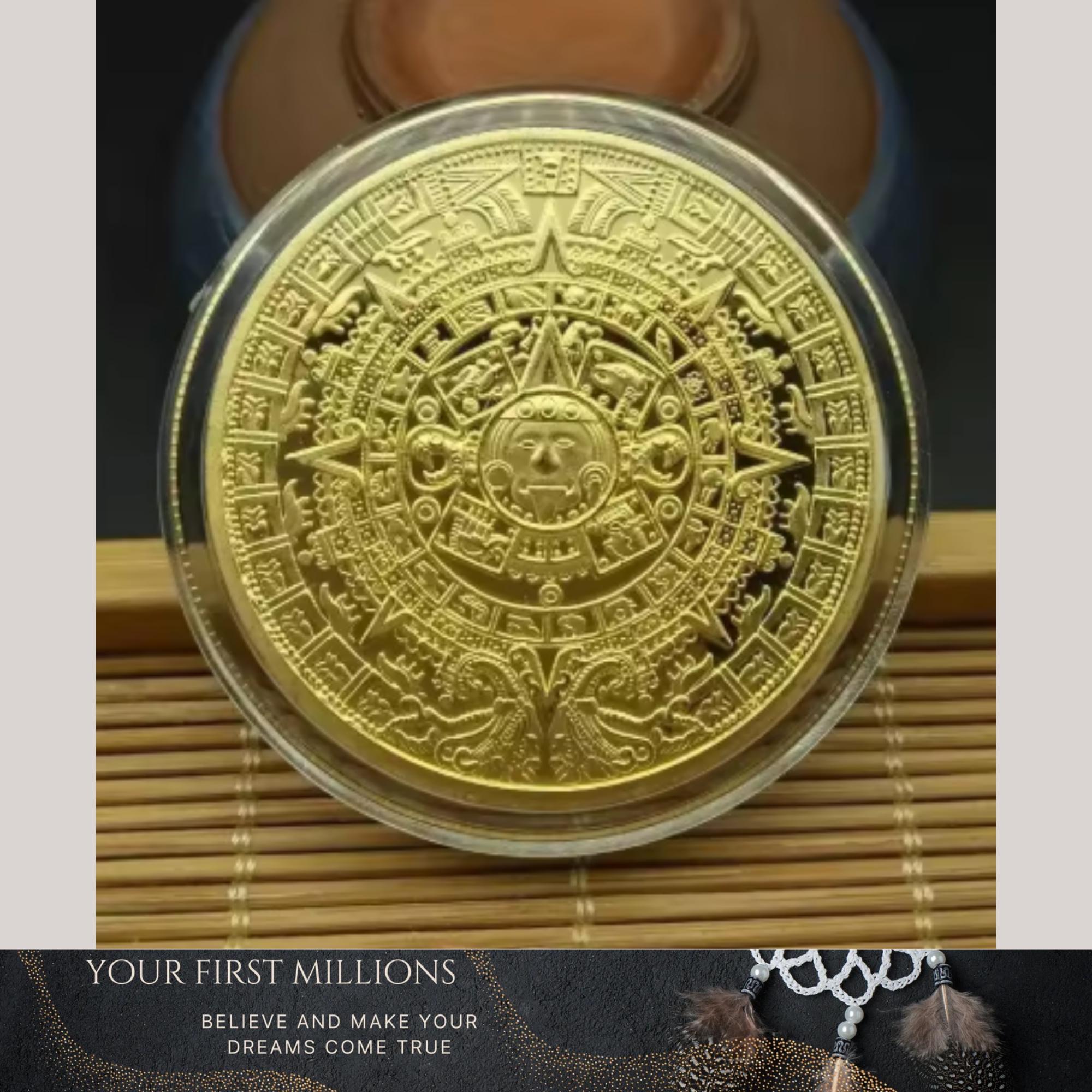 Mayan & Aztec Gold Coin – Pyramid Medallion With Dragon Calendar Design ...