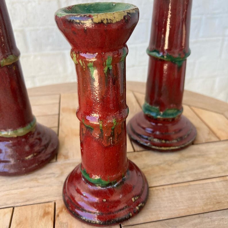 Set of 3 Vintage Red Glazed Bamboo Candle Stick Holders - Etsy