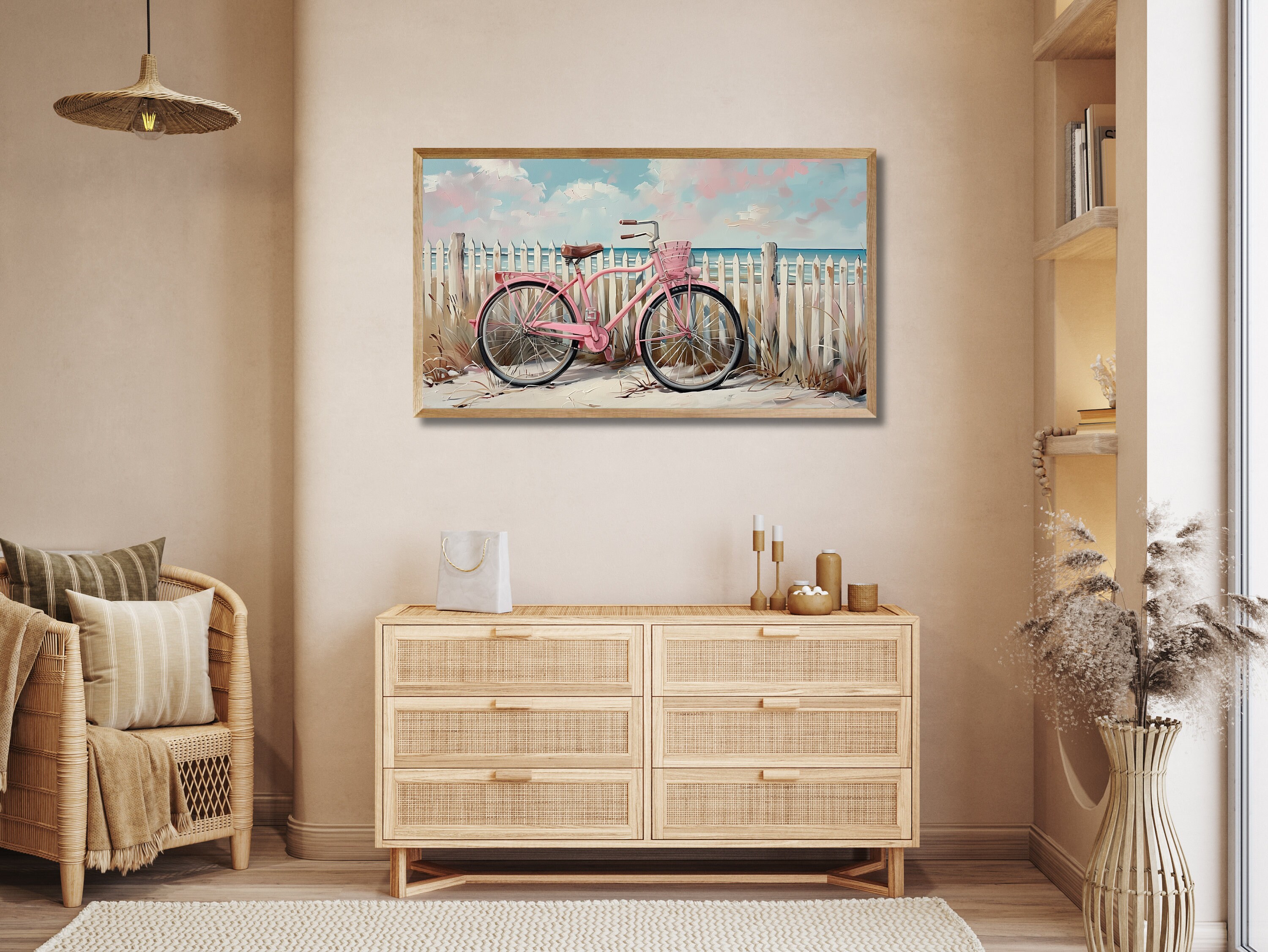 Samsung Frame TV, Pink Beach Bicycle Frame TV Art, Vintage Coastal ...