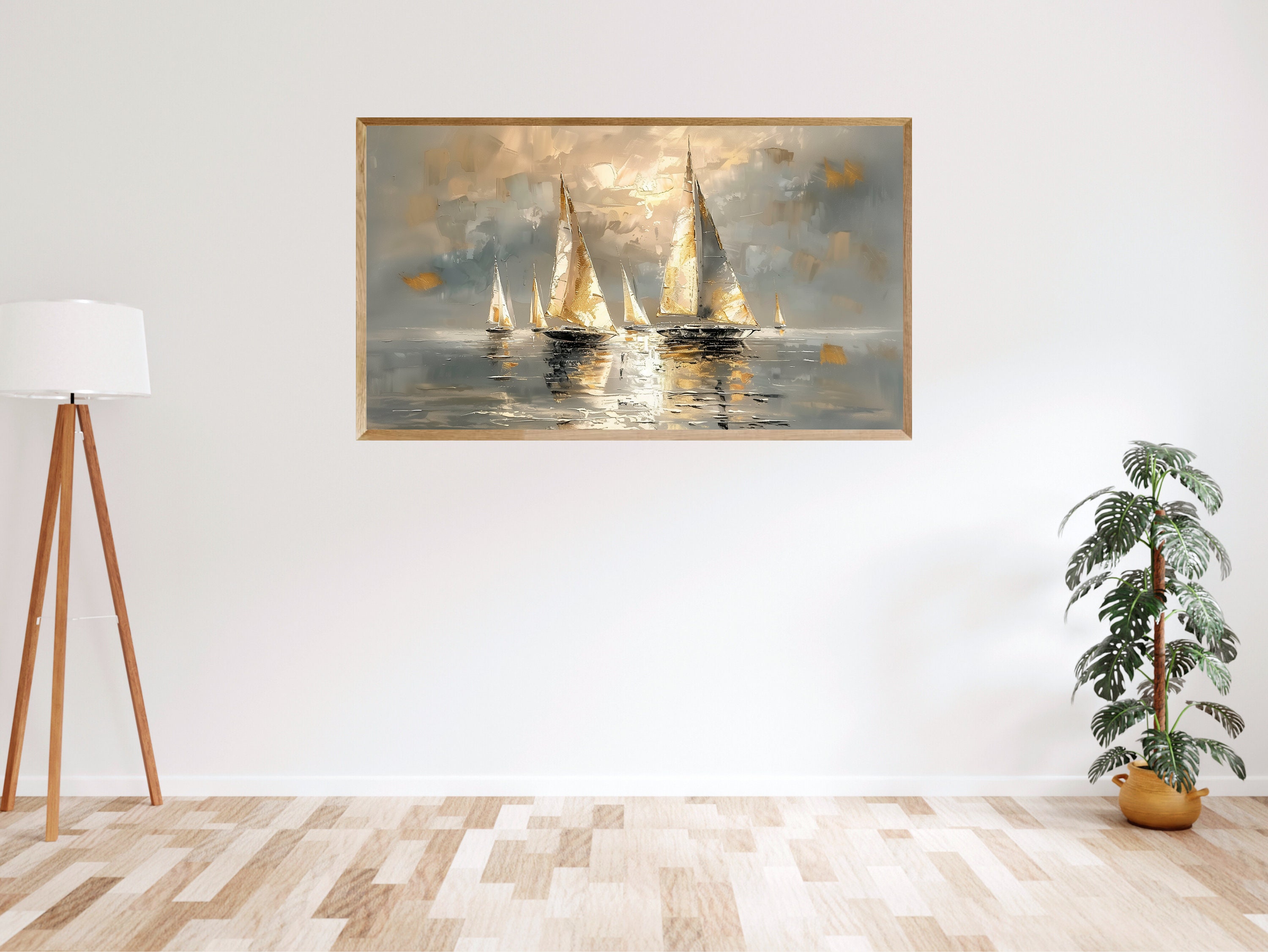 Coastal Sailboat Frame TV Art, Vintage Style Seascape Lake Painting ...