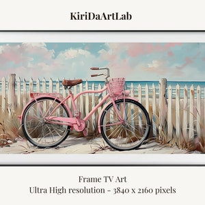 Samsung Frame TV, Pink Beach Bicycle Frame TV Art, Vintage Coastal ...