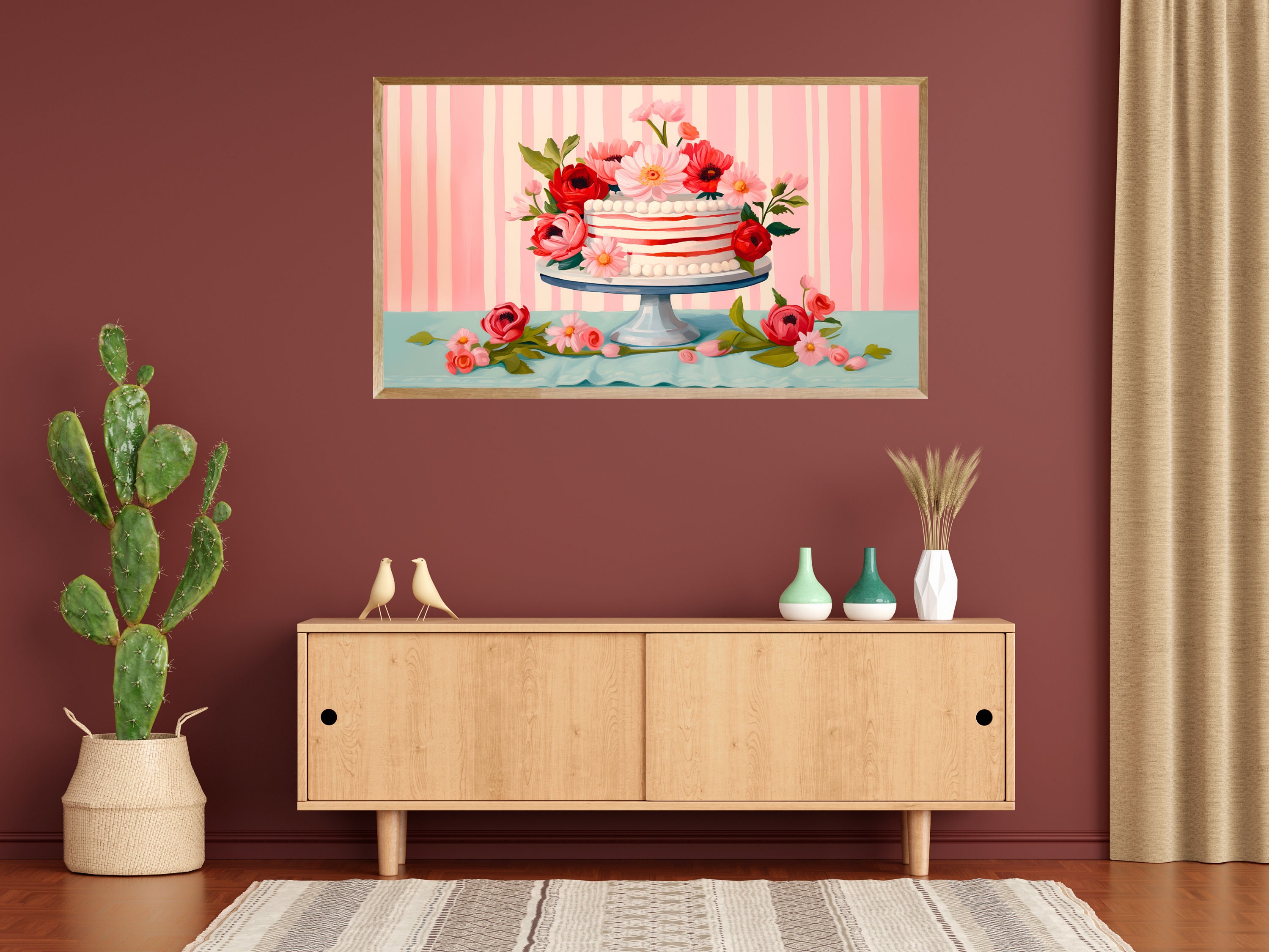 Birthday Frame TV Art, Modern Floral Cake for Frame TV, Colorful Floral ...