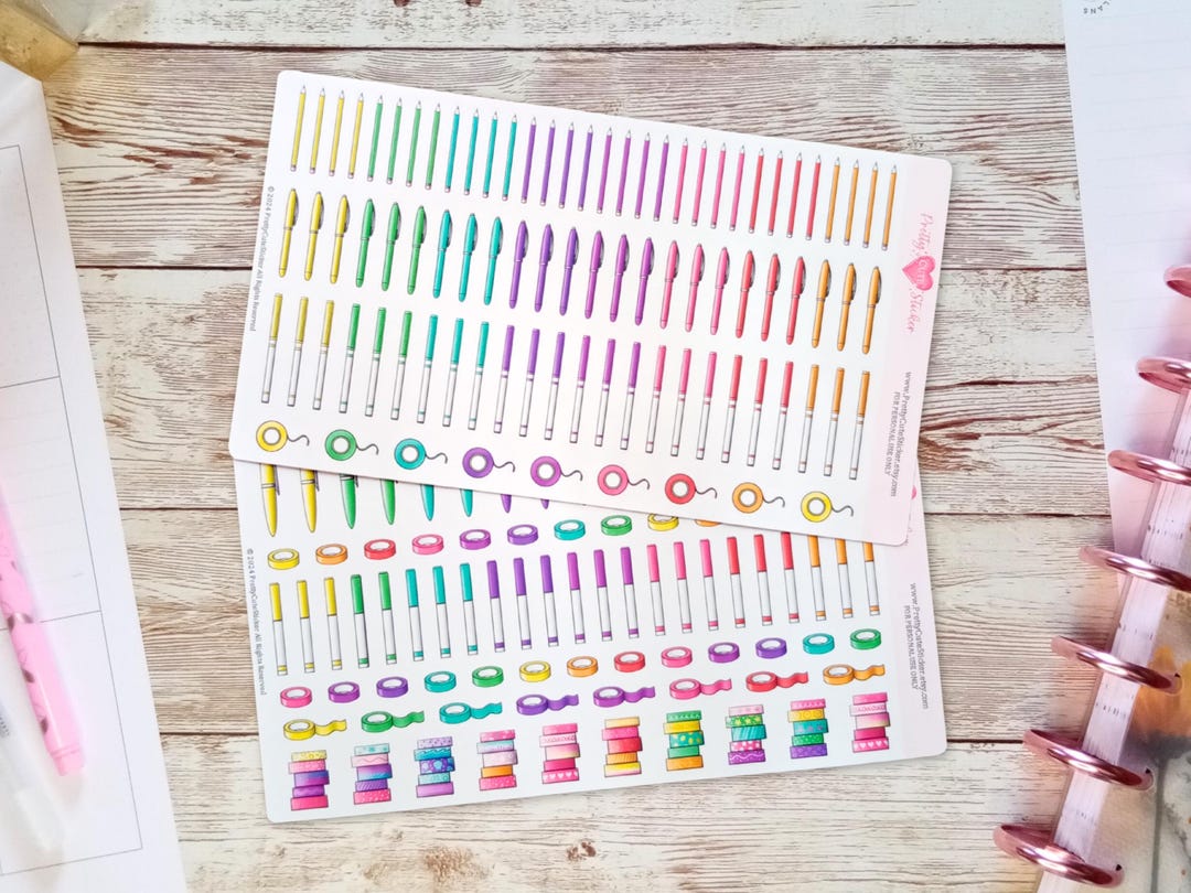 Pens and Washi Sticker Sheets, Pencil Stickers, Marker Stickers, Washi ...