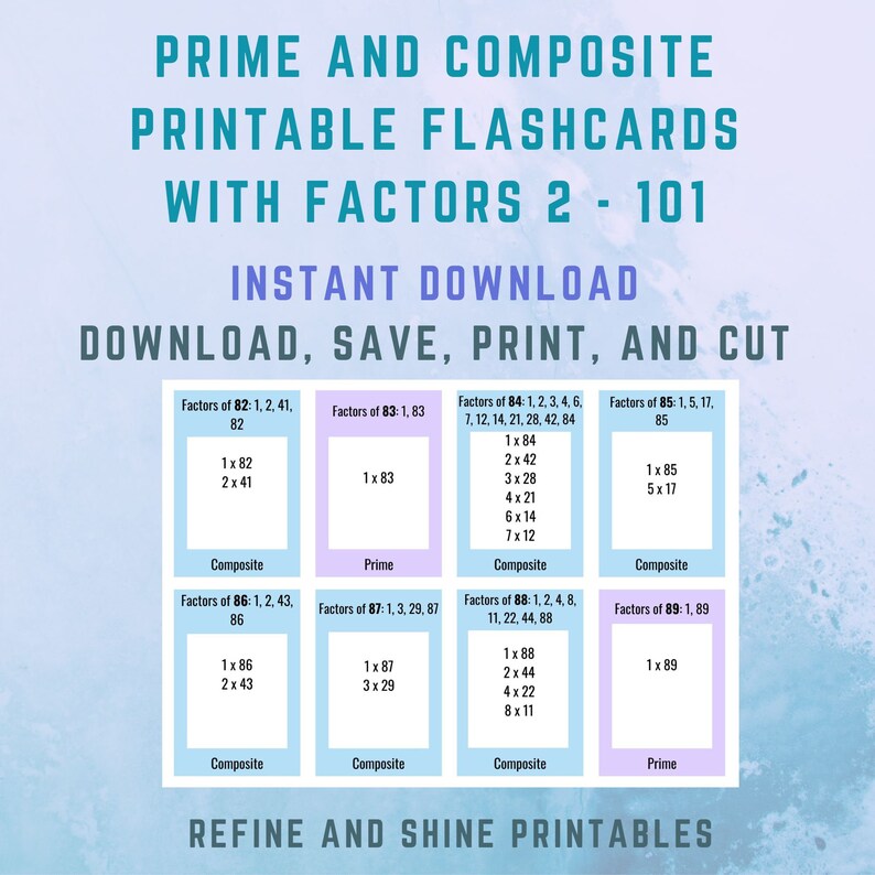 Printable Math Cards, Factors of 2 Through 101, Prime and Composite ...