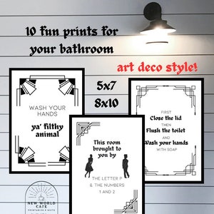 10 Fun Bathroom Signs - Art Deco Style! Black & White (5x7 or 8x10) - Etsy