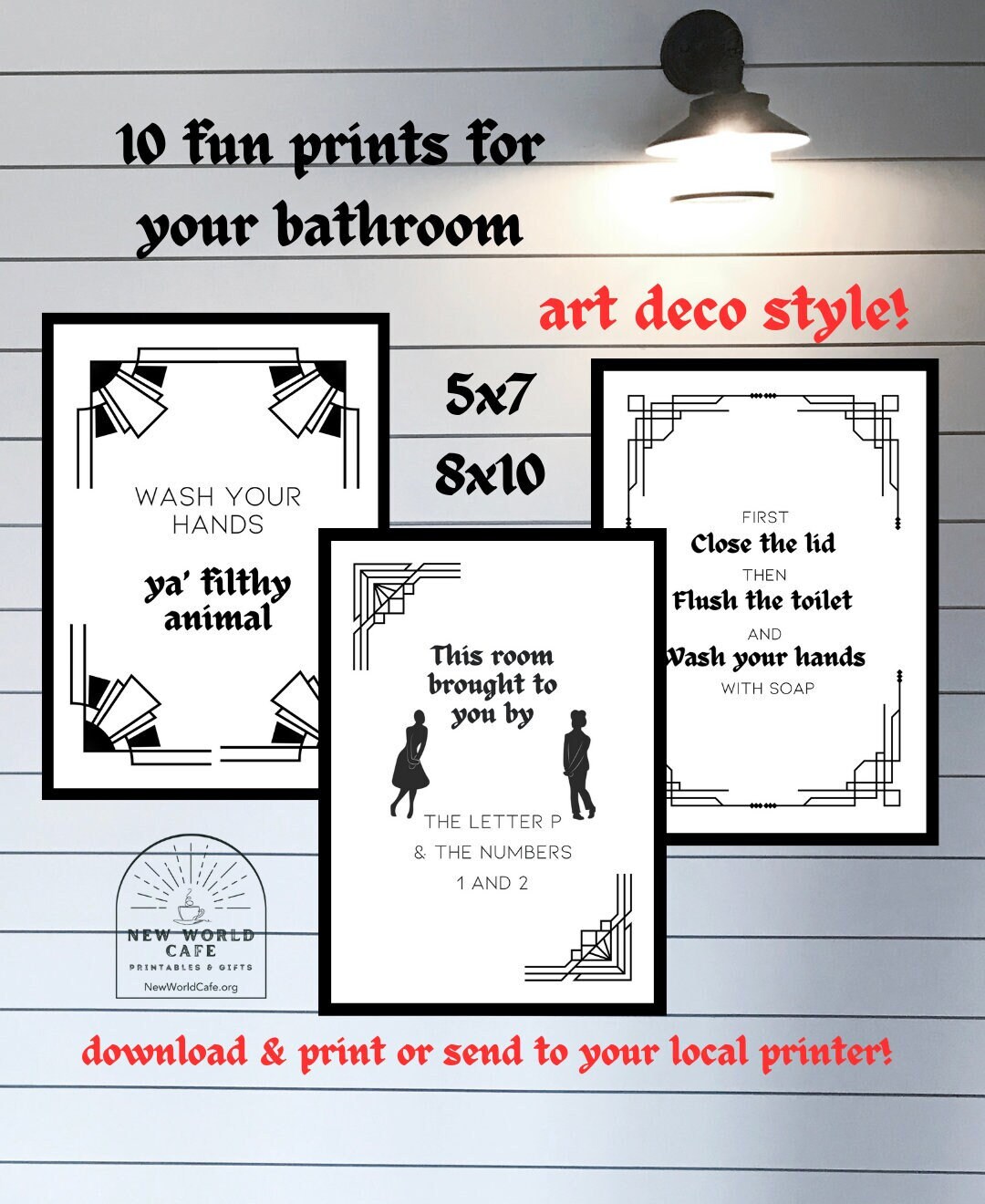 10 Fun Bathroom Signs - Art Deco Style! Black & White (5x7 or 8x10) - Etsy