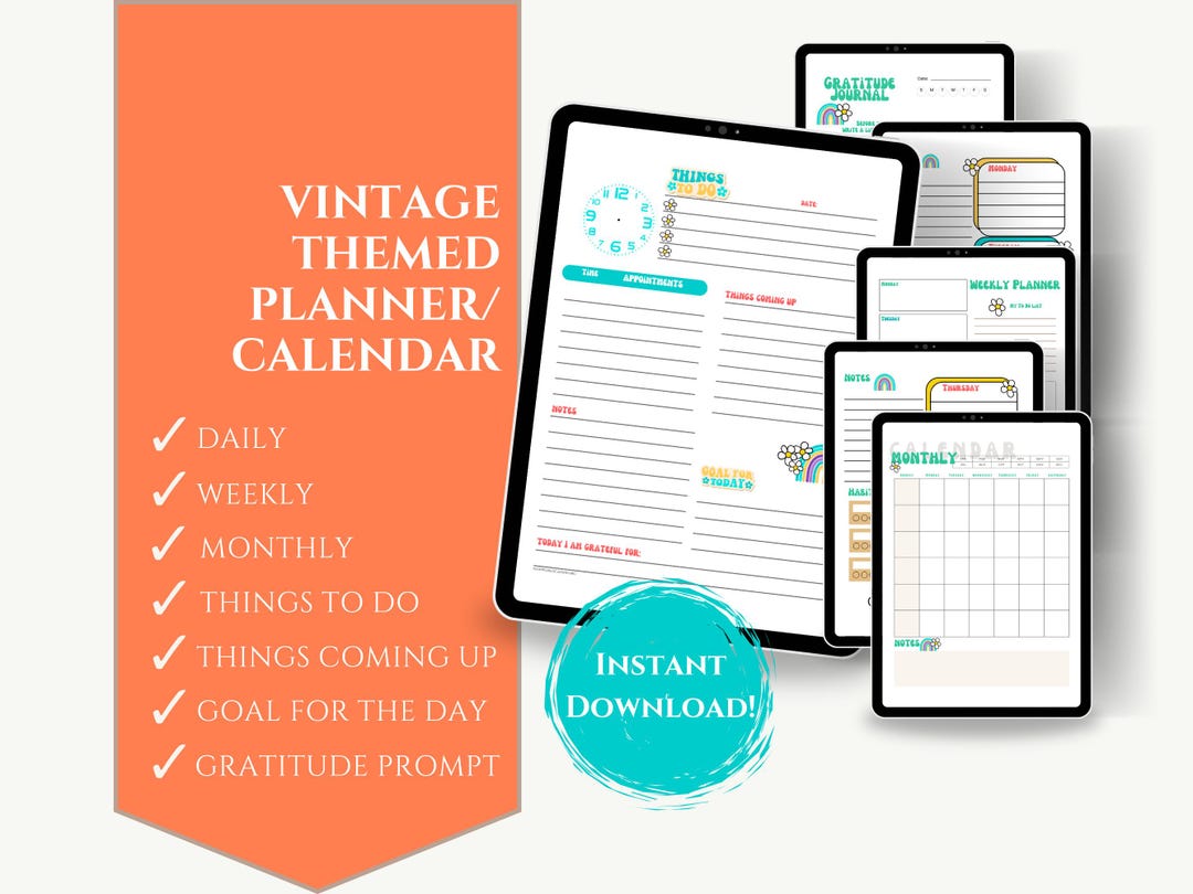 Groovy Vintage Themed Planner Pages Daily-weekly-monthly PLUS Gratitude ...