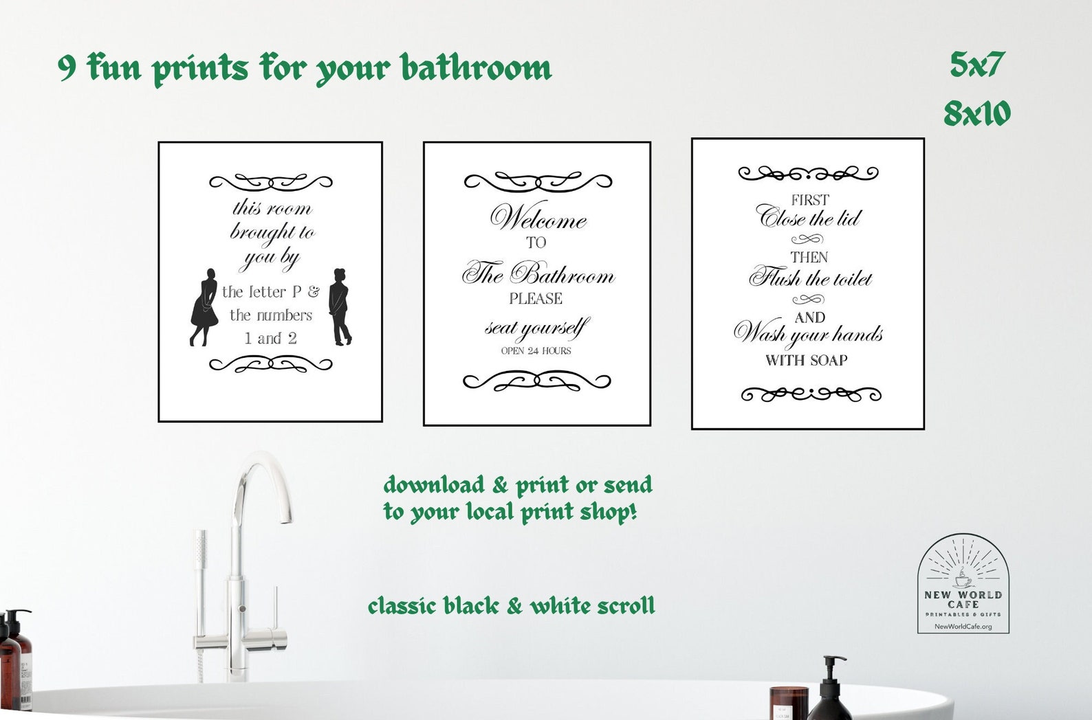 9 Fun Bathroom Signs - Classic Black & White Scroll 5x7 or 8x10 - Etsy