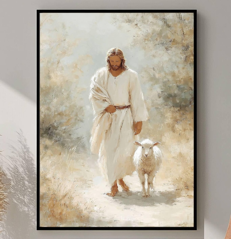 Faithful Shepherd, Jesus Leaves the 99, Minimalist Neutral Painting ...