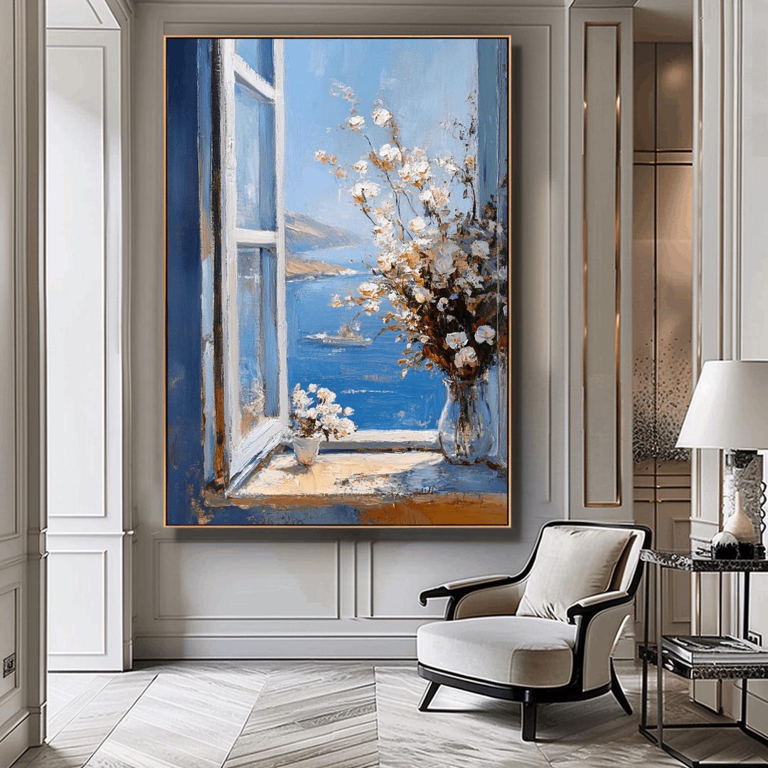 Open Window Coastal View Printable, Italian Seaside Painting, Rustic ...