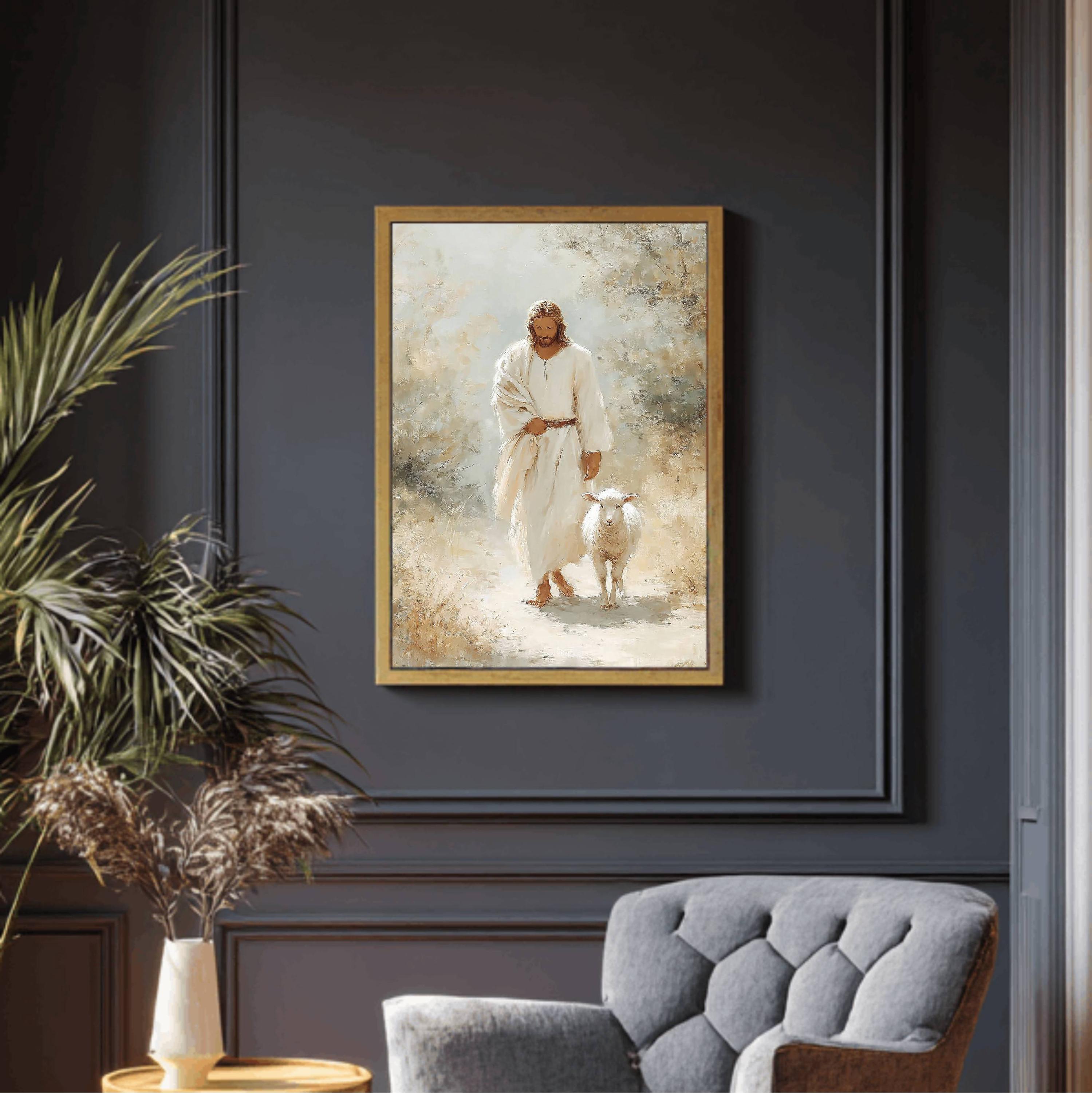 Faithful Shepherd, Jesus Leaves the 99, Minimalist Neutral Painting ...