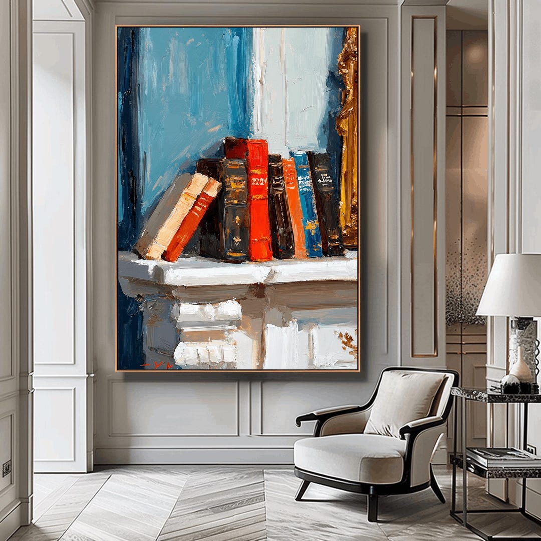 Book Stack Painting, Book Lover Print, Modern Colorful Books Print ...