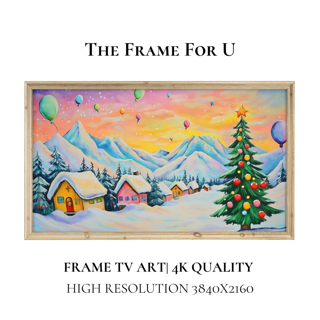 Colorful Christmas Village Frame TV Art, Snowy Holiday Scene, Balloons ...