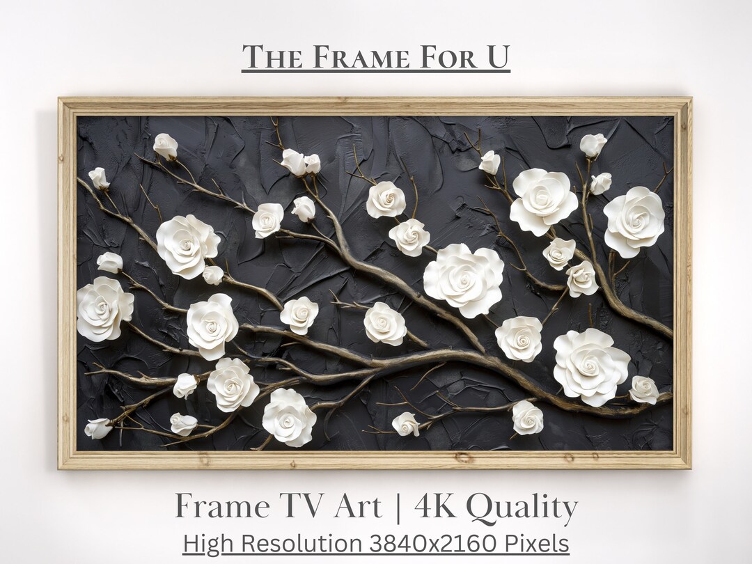 Samsung the Frame Tv Art, White Flower 3D Textured Art, Black and White ...