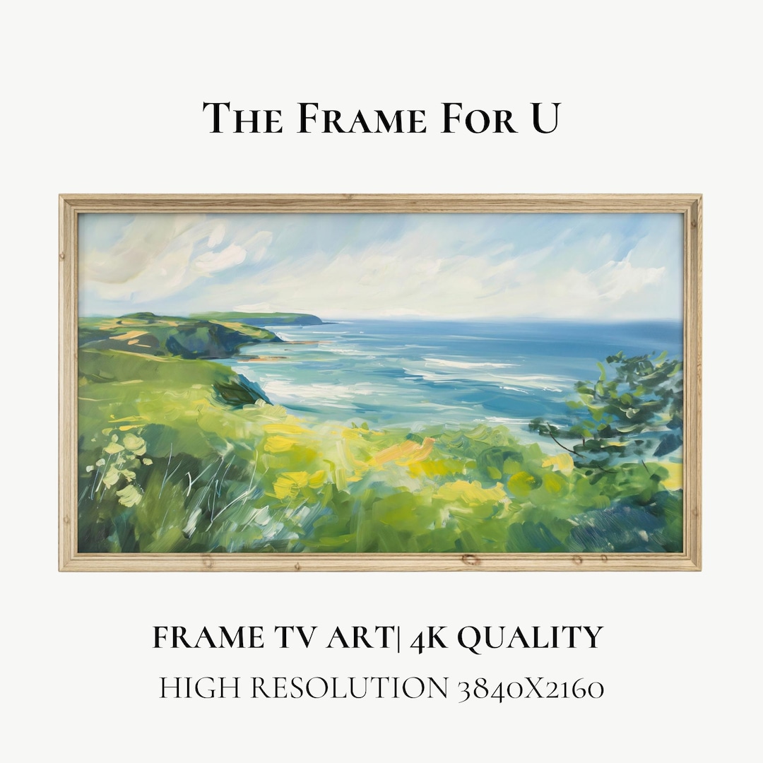Coastal Cliff Frame TV Art Ocean View With Lush Green Landscape Digital ...