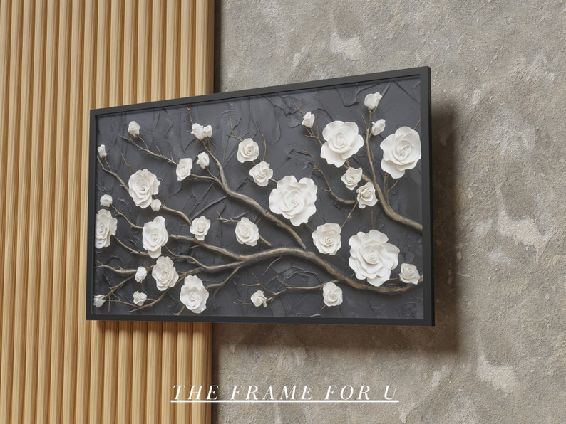 Elegant White Rose Frame TV Art, Textured Floral Wall Screensaver ...