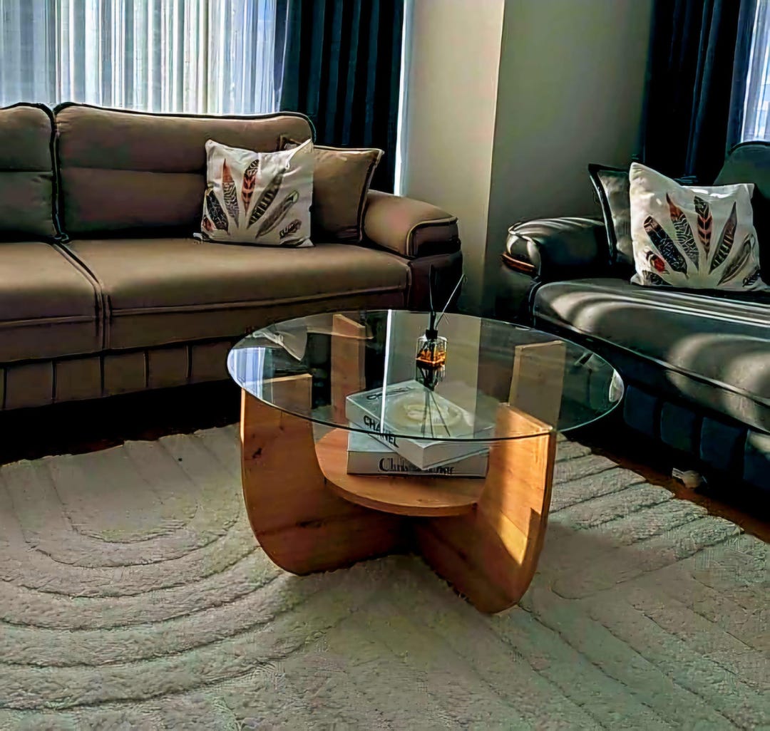 Modern Wooden Round Glass Coffee Table, Unbreakable Tempered Glass - Etsy