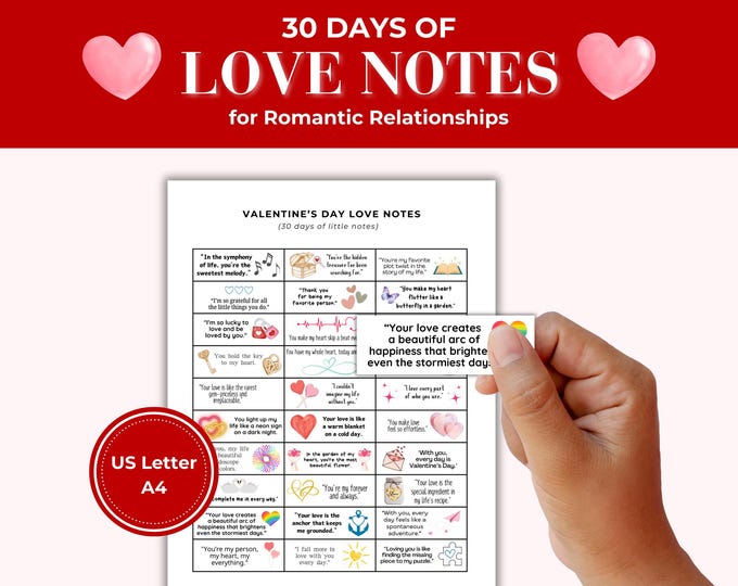 30 Days of Love Notes - Printable Valentine’s Day Gift - Romantic Notes ...