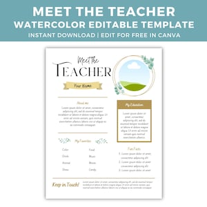 Customizable Watercolor Meet the Teacher Template - Editable Canva ...