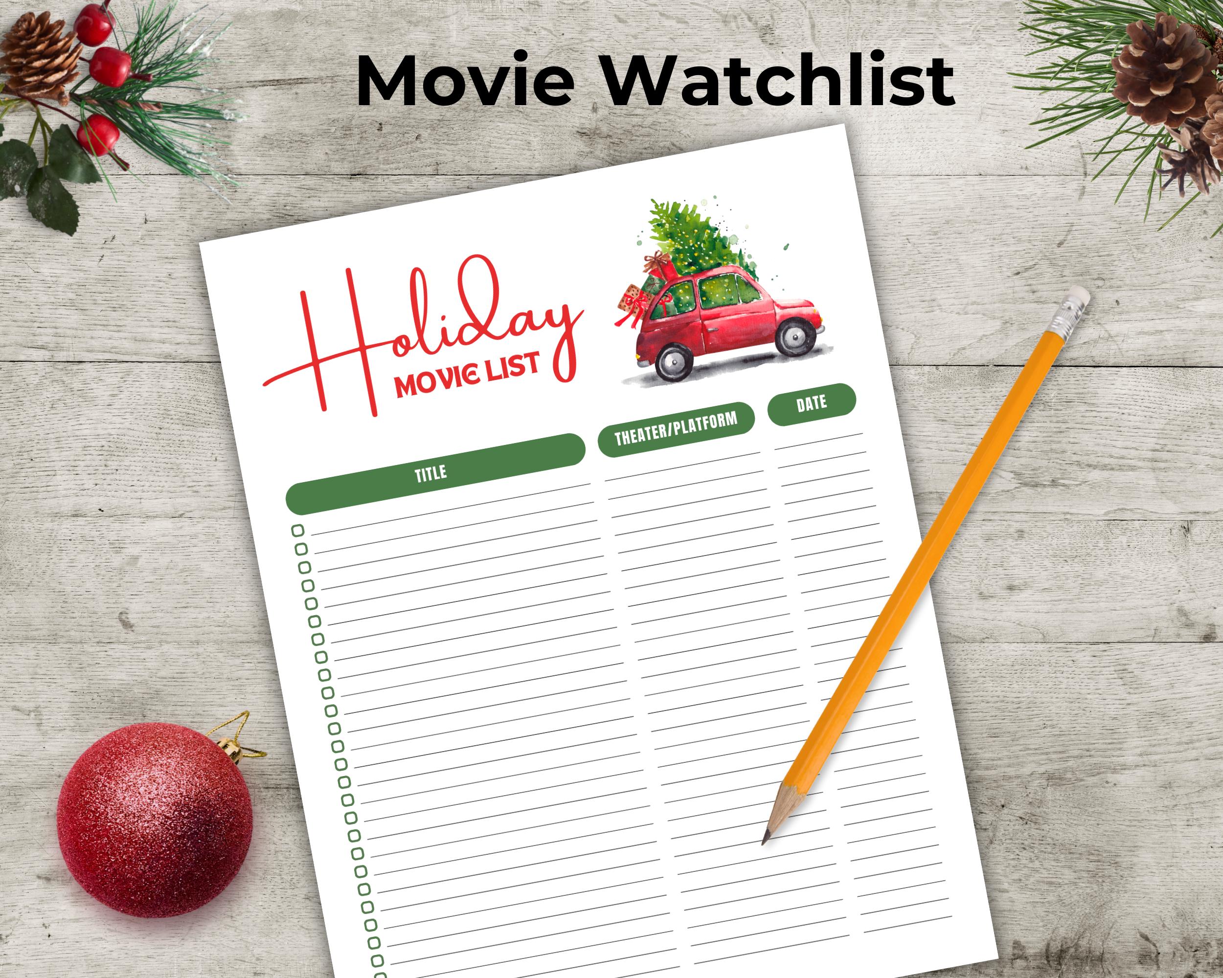 Printable Holiday Movie Watchlist Trackers, Christmas Season Movie Trackers Digital Download ...