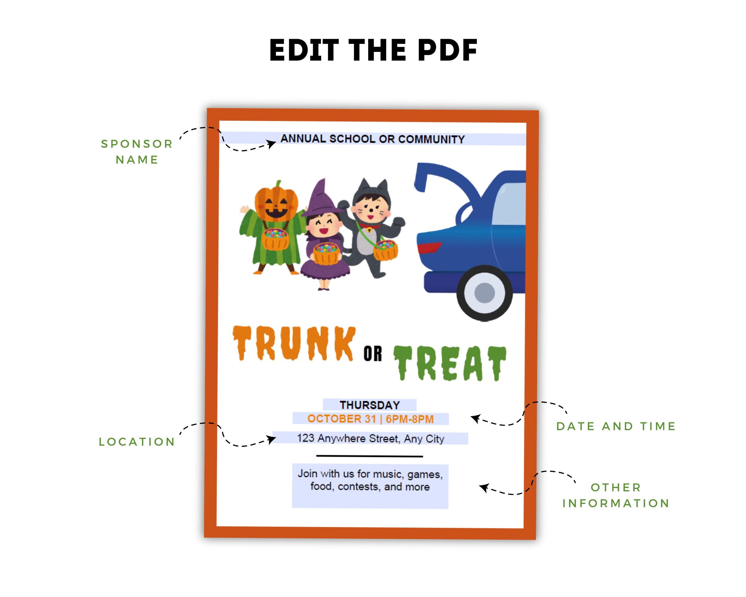 Halloween Trunk or Treat Flyer - Printable Editable PDF, Customizable ...