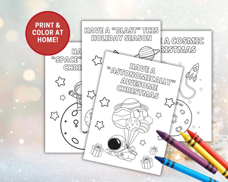 Space Christmas Coloring Cards - Printable Holiday Set, Galactic ...