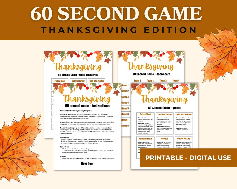 60 Second Thanksgiving Game Set - Fun for Family Gatherings! Fast-paced ...