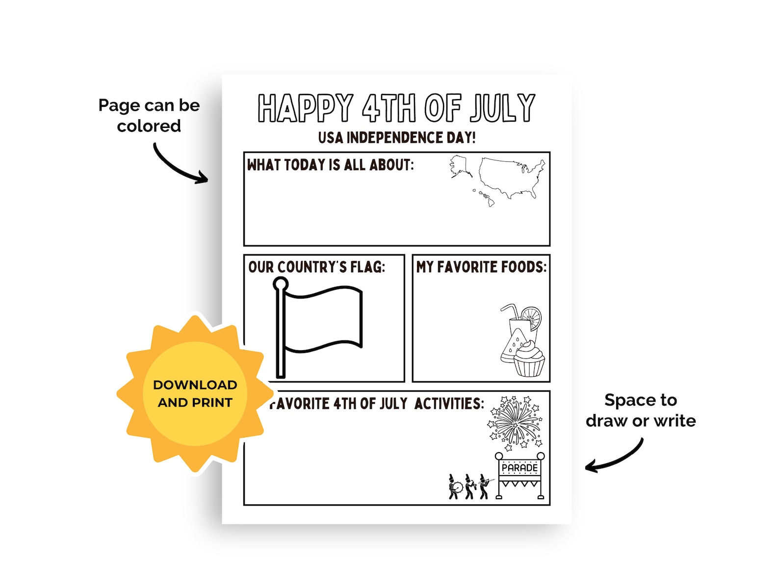 4th of July Activity Coloring Page Printable, Kids Independence Day ...