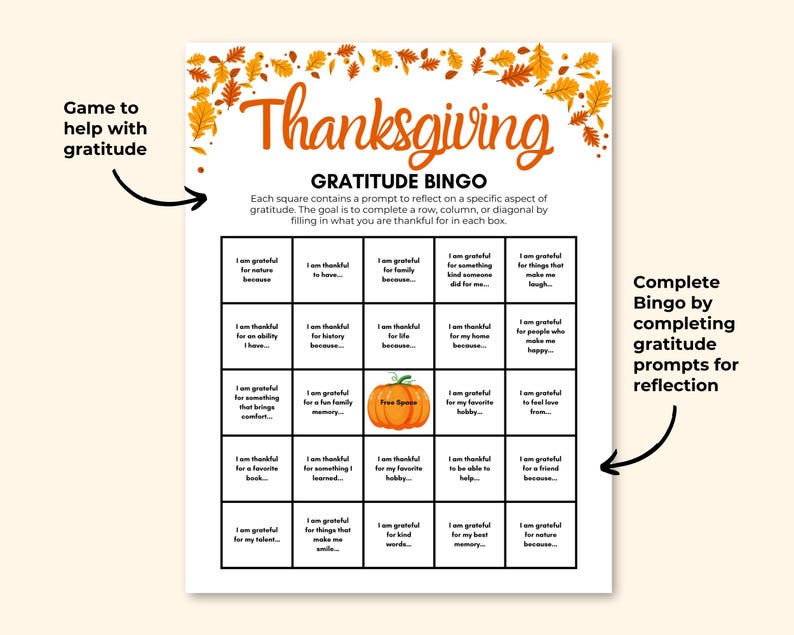 Gratitude Bingo Game Set for Thanksgiving Fun, Thanksgiving Bingo: A ...