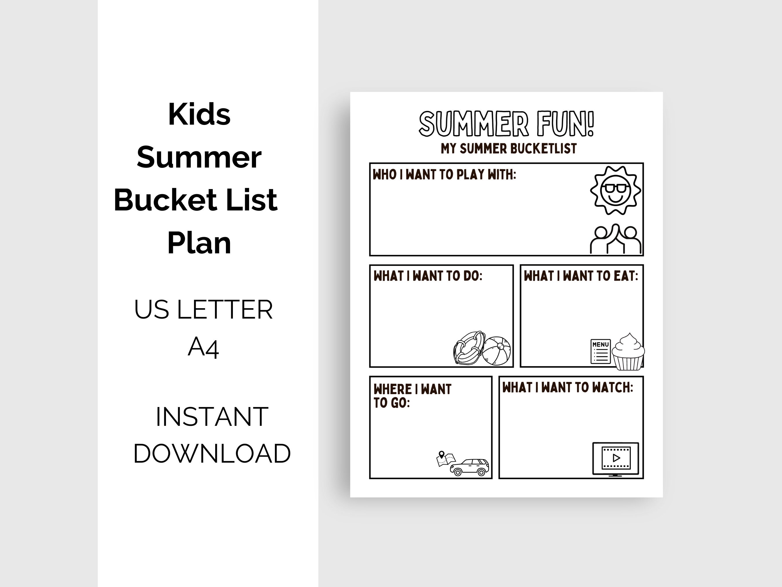 Kids Summer Bucket List Plan Printable, Coloring Page for Beginning ...
