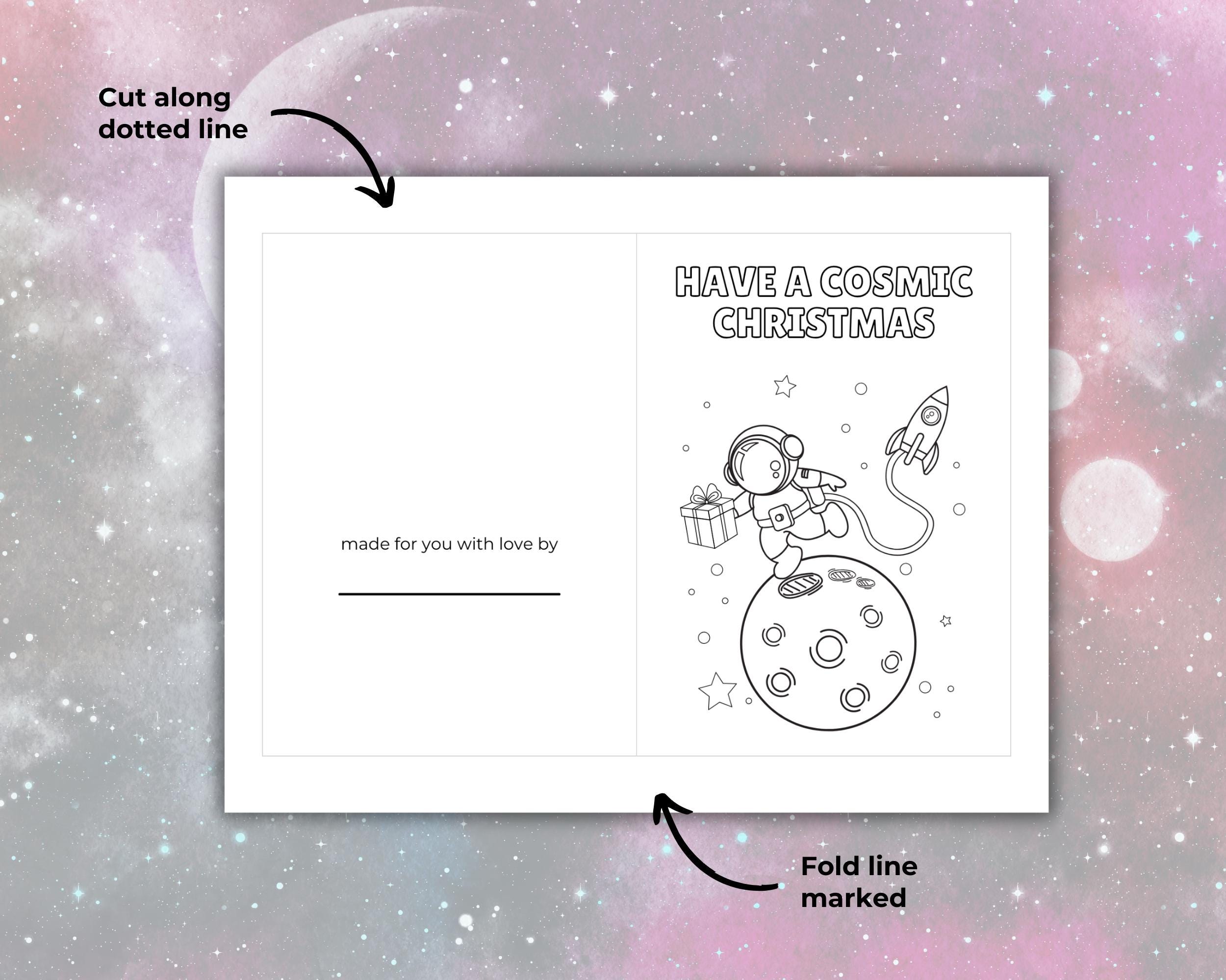 Space Christmas Coloring Cards - Printable Holiday Set, Galactic ...