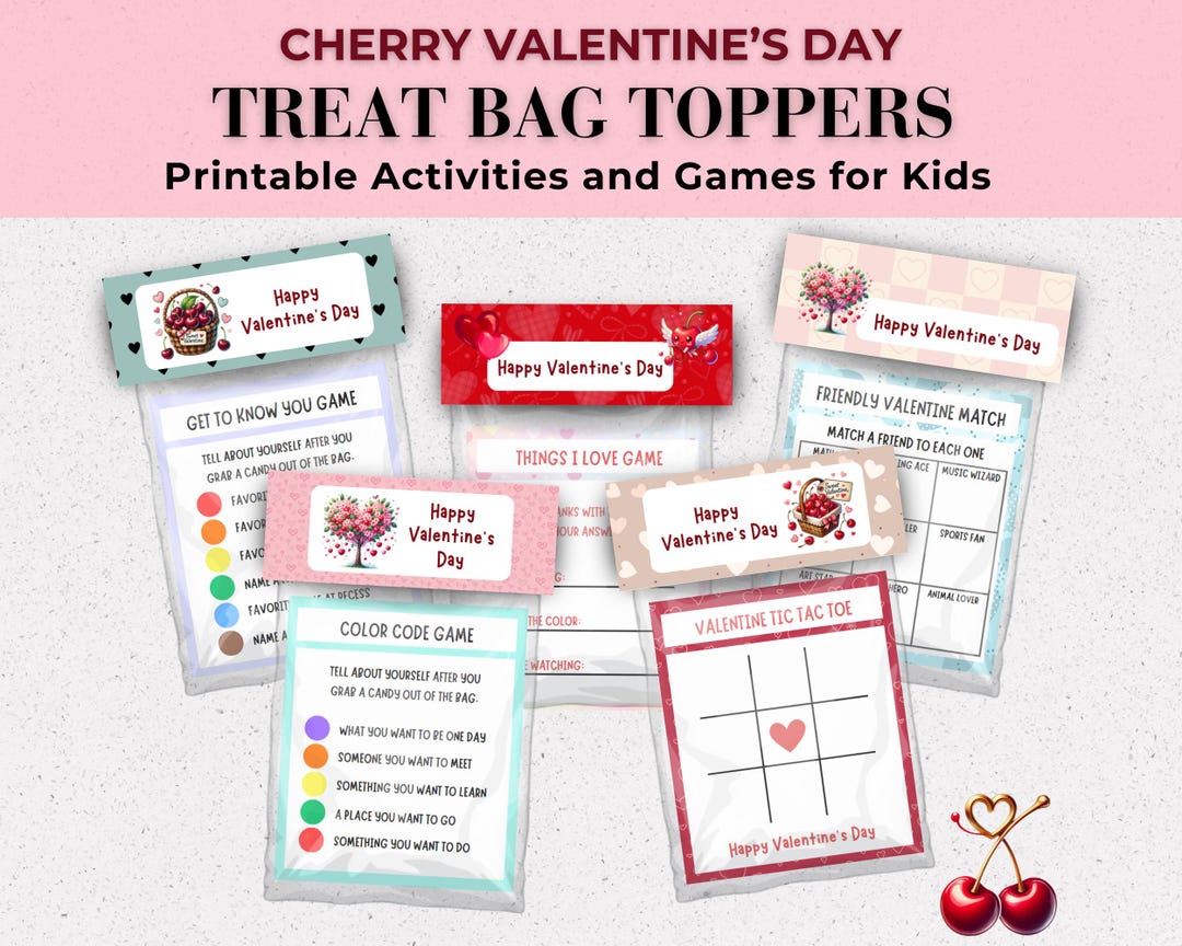 Printable Cherry Valentine's Day Treat Bag Topper With Games Set ...