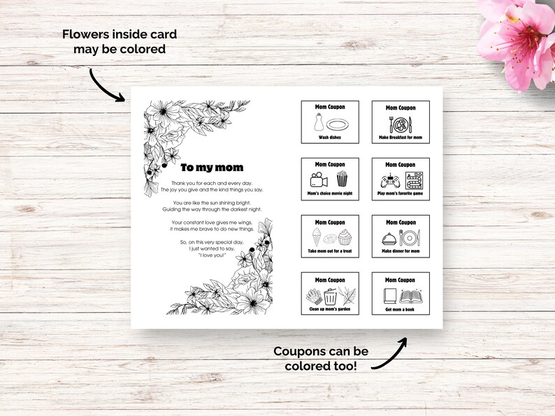 Mother's Day Coloring Coupon Card, Mother's Day Colouring Card, Mother ...