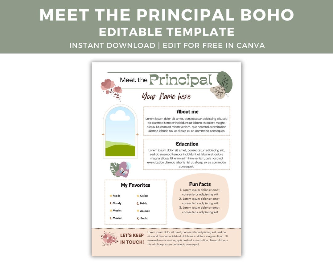 Boho Style Meet the Principal Template - Custom Canva Design, Boho ...