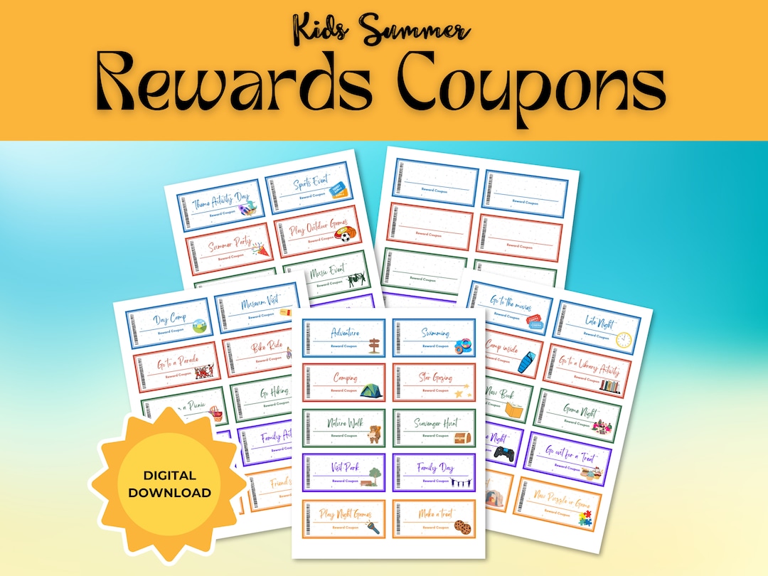 Kids Summer Fun Coupon Bundle, Printable Summer Rewards Coupons Set for ...