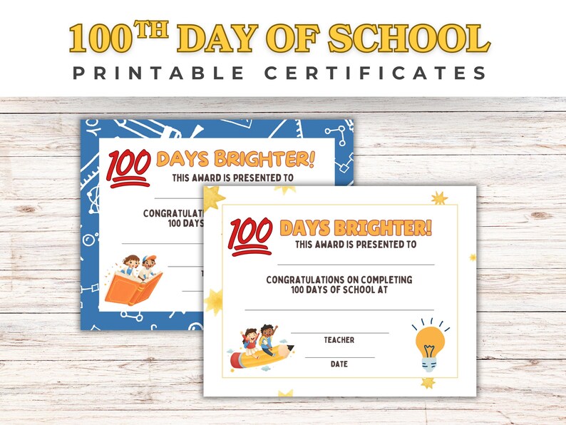 100 Days Brighter School Awards - Instant Download, Printable Editable ...