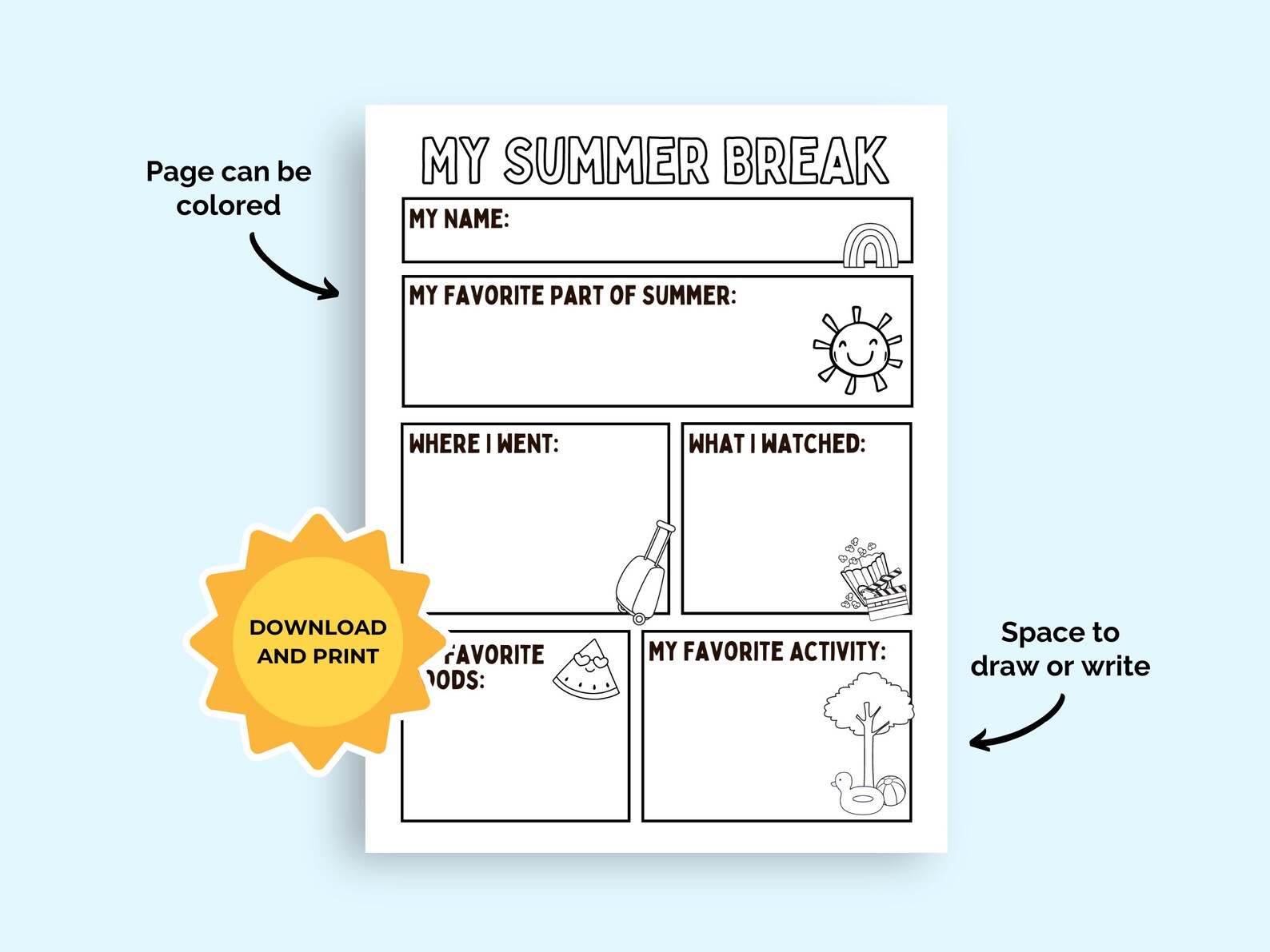 End of Summer Break Coloring Printable Fun School Activity for Kids ...