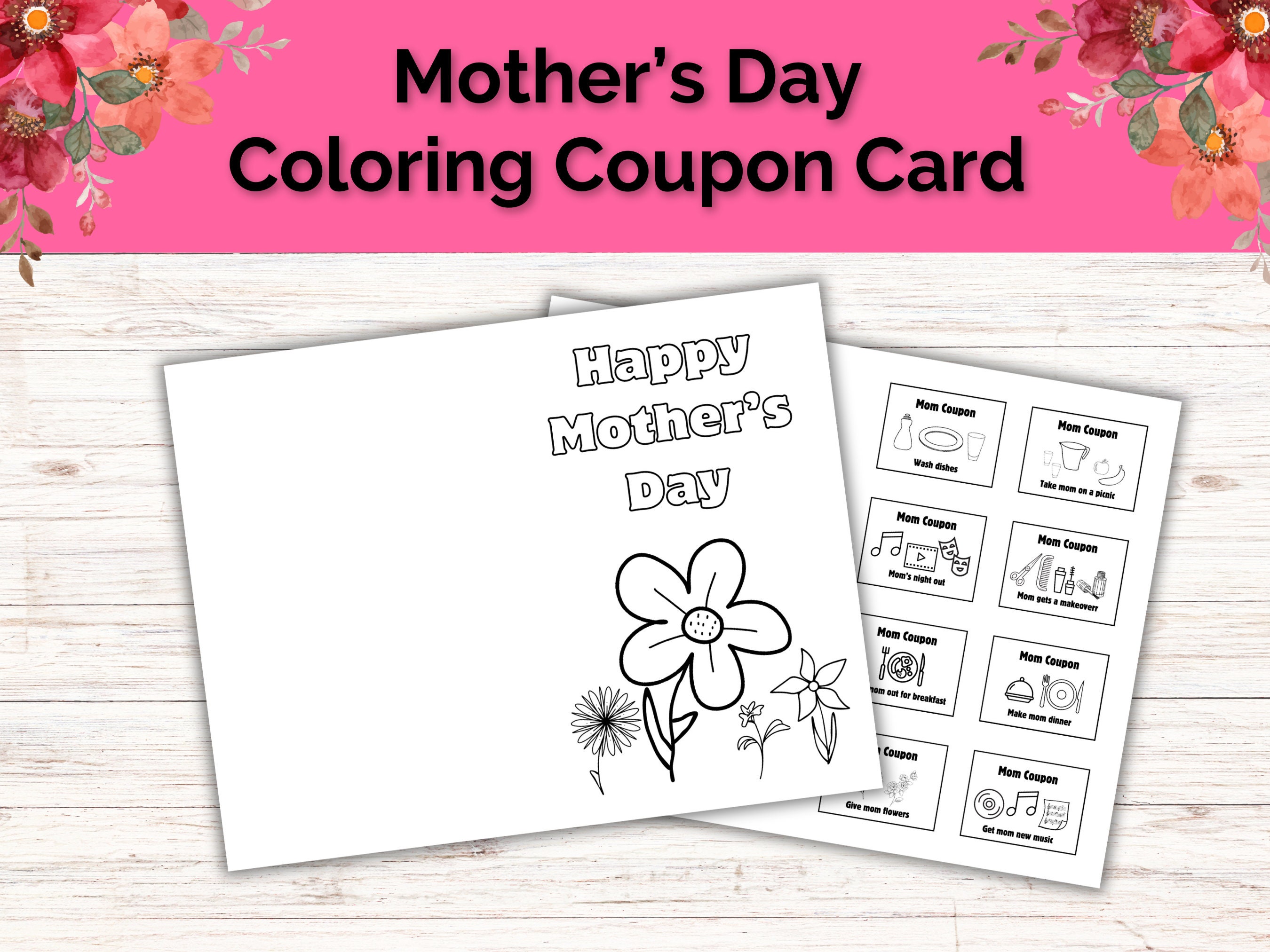 Mother's Day Coloring Coupon Card, Mother's Day Colouring Card, Mother ...