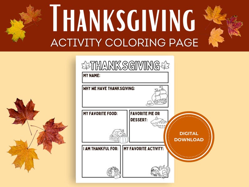 Printable Thanksgiving Activity Coloring Page Instant Download ...